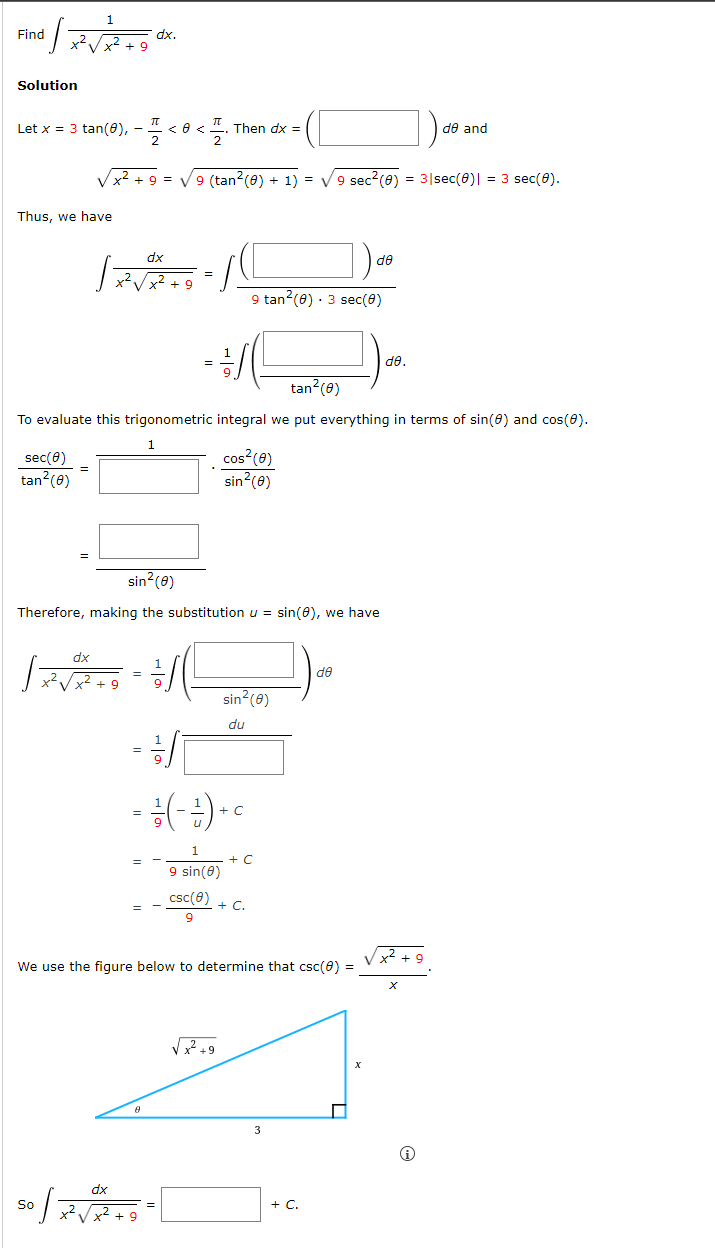 Solved Find ∫x2x2+91dx Solution Let x=3tan(θ),−2π