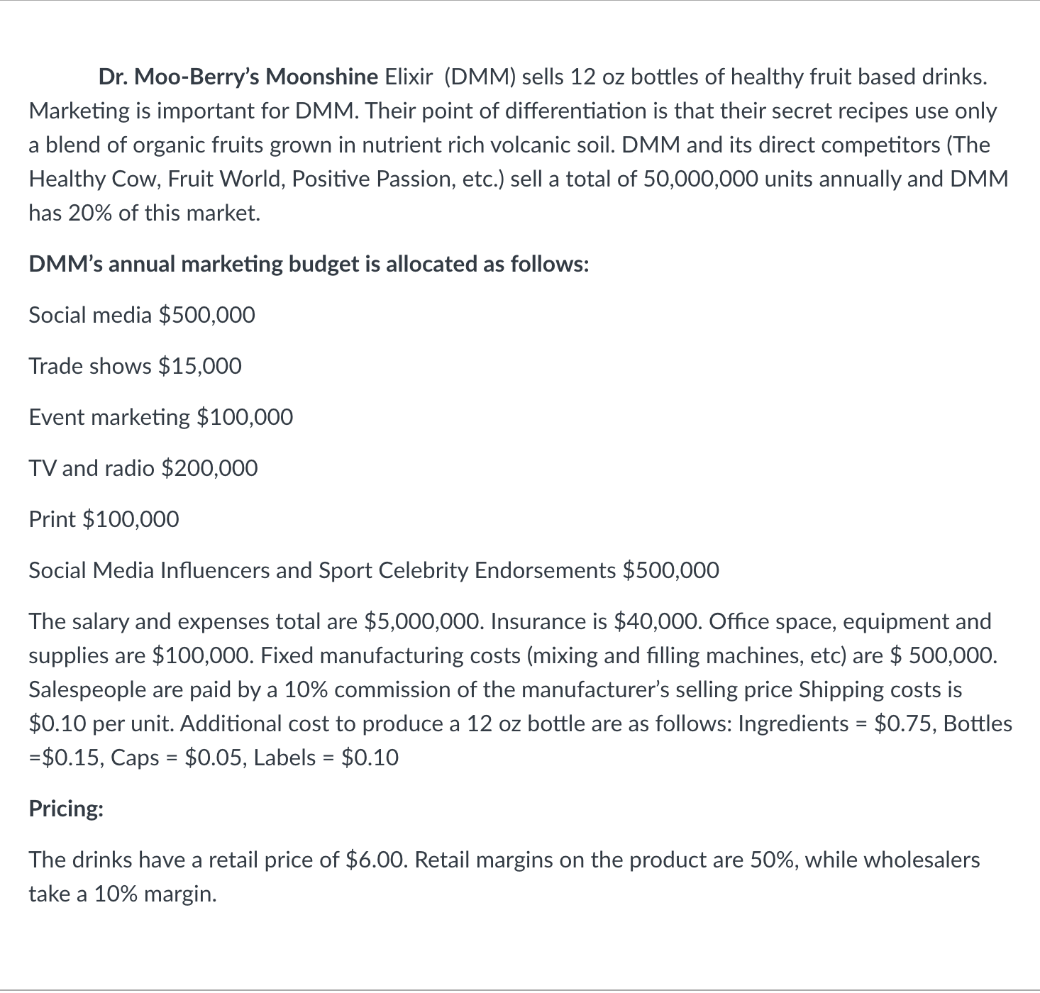 Solved Dr. Moo-Berry's Moonshine Elixir (DMM) sells 12 oz | Chegg.com