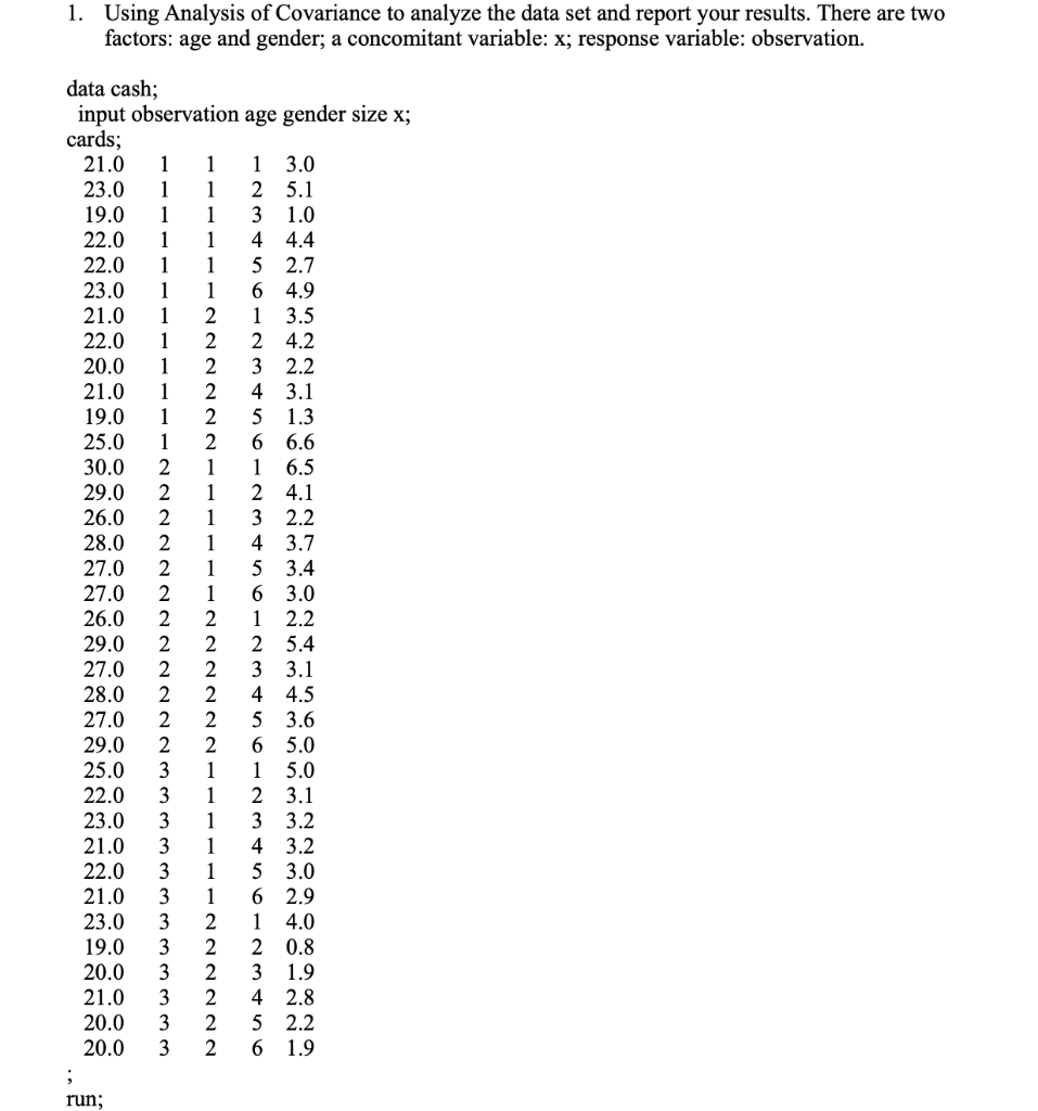 Solved 1. Using Analysis of Covariance to analyze the data | Chegg.com