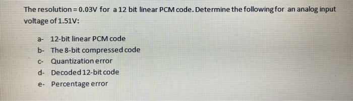 Solved The resolution = 0.03V for a 12 bit linear PCM code. | Chegg.com