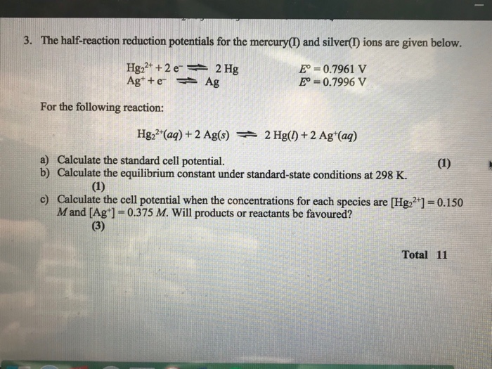 Solved The half-reaction reduction potentials for the | Chegg.com