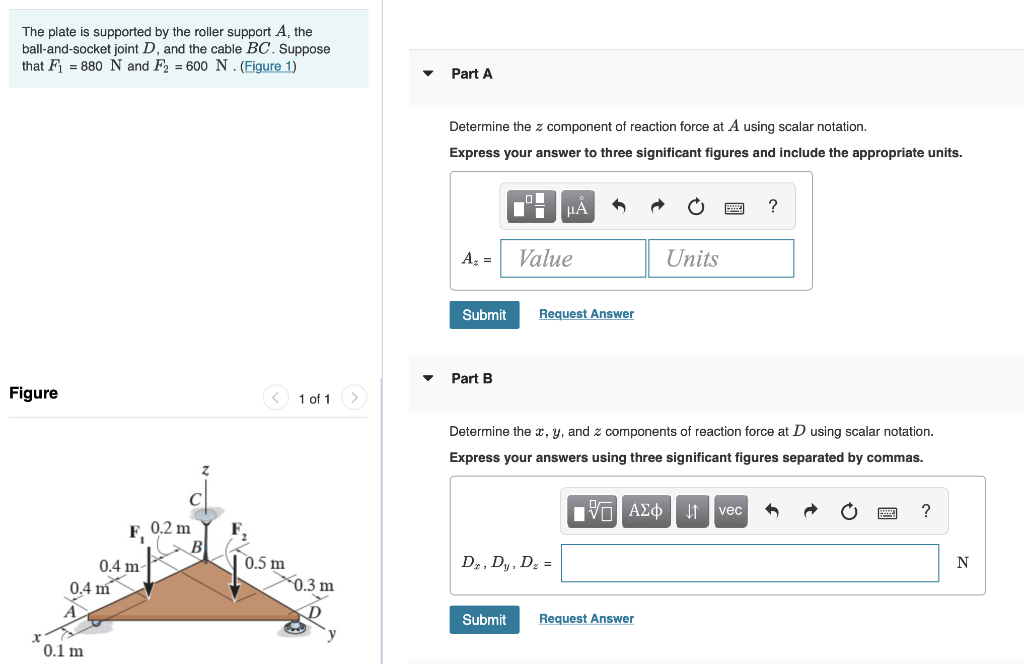 Solved The plate is supported by the roller support A, the | Chegg.com