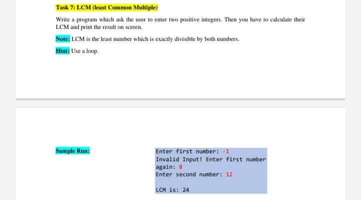 Solved Task 7: LCM (least Common Multiple) Write a program | Chegg.com
