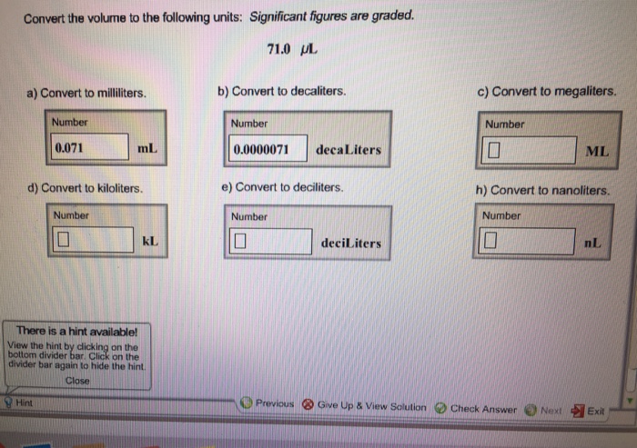 Solved Convert the volume to the following units: | Chegg.com