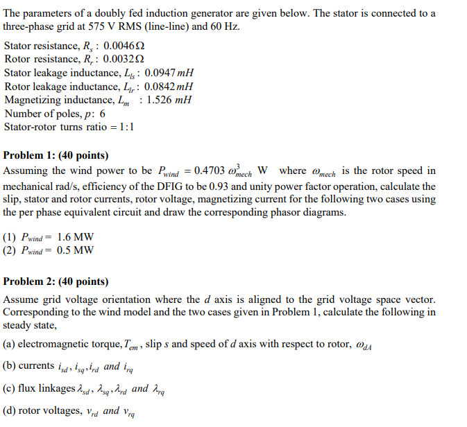 The parameters of a doubly fed induction generator | Chegg.com