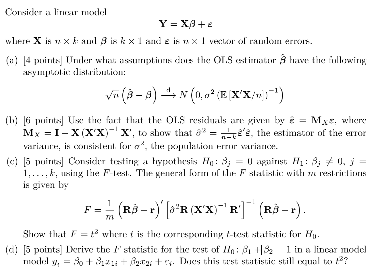 Consider a linear model Y = XB + € where X is n x k | Chegg.com