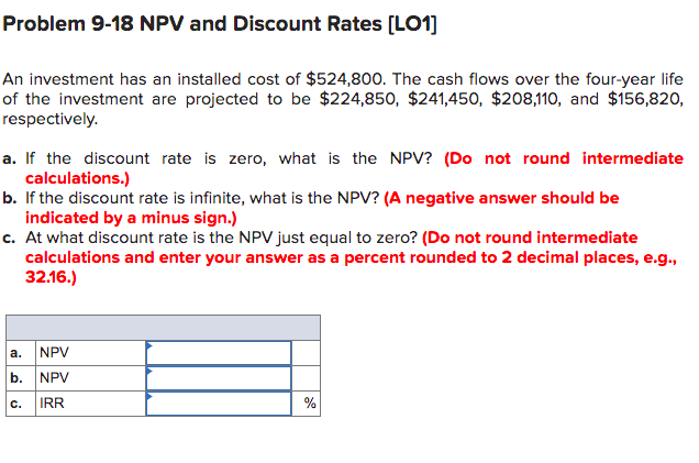 Solved Problem 9-18 NPV and Discount Rates [LO1] An | Chegg.com