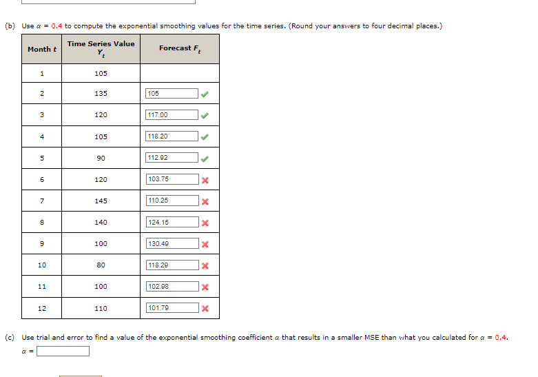 Solved (b) Use α=0.4 to compute the exponential smoothing | Chegg.com