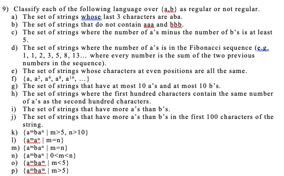 9) Classify each of the following language over {a.b) | Chegg.com