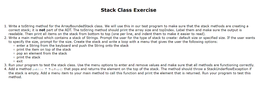 Solved Stack Class Exercise 1. Write a toString method for | Chegg.com