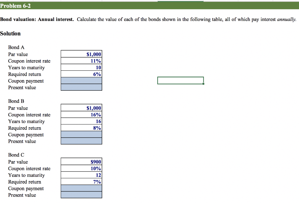 Solved Problem 6-2 Bond valuation: Annual interest. | Chegg.com