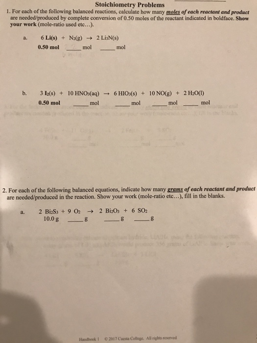 Solved Stoichiometry Problems 1. For each of the following | Chegg.com