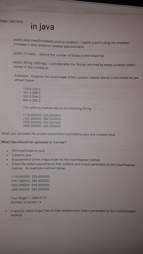 Math 140 Hw5 in java 2. MinimizeDistance Class This | Chegg.com