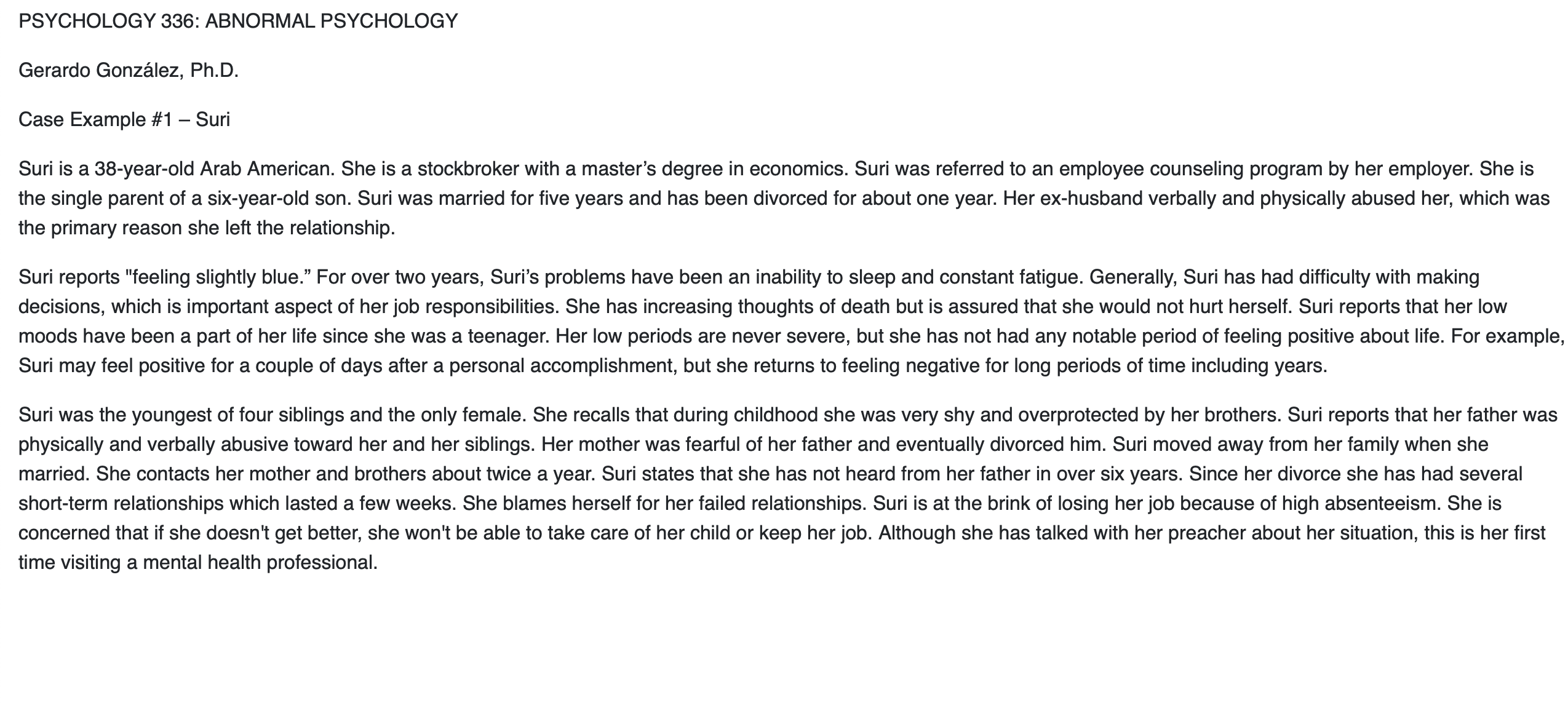 Solved PSYCHOLOGY 336: ABNORMAL PSYCHOLOGY Outline for the | Chegg.com