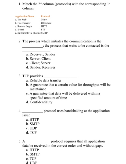 Solved 1. Match the 2 column (protocols) with the | Chegg.com