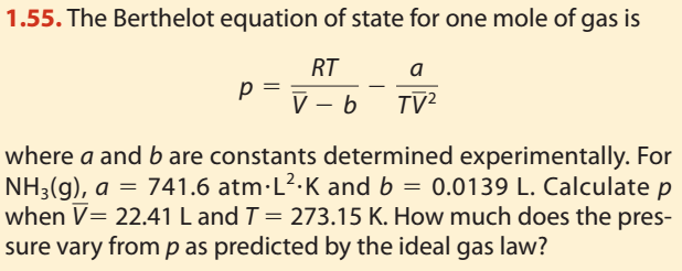 Solved 1.55. The Berthelot equation of state for one mole of | Chegg.com