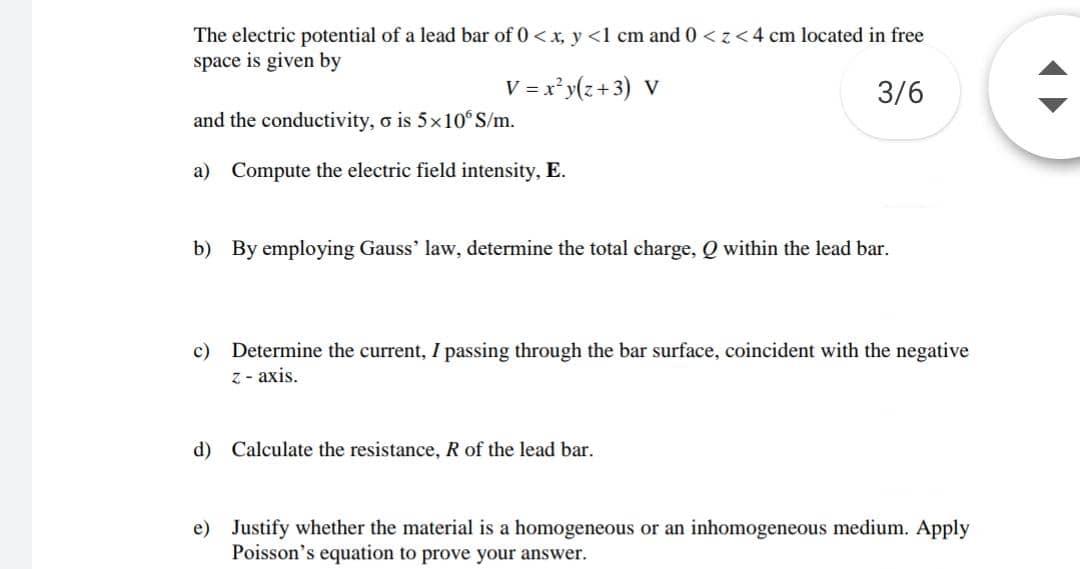 Solved The electric potential of a lead bar of 0