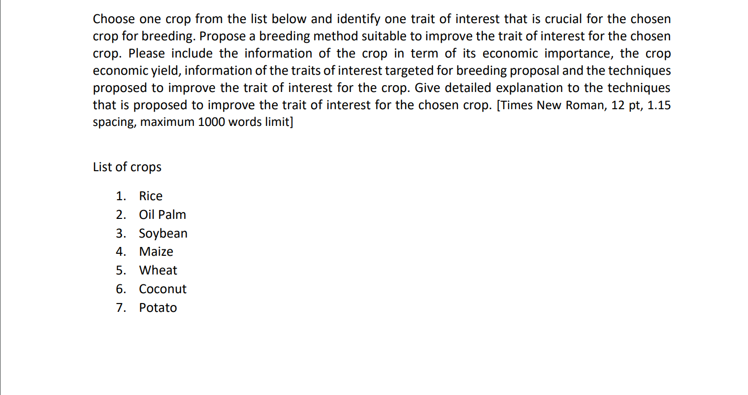 Solved Choose one crop from the list below and identify one | Chegg.com