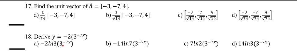 Solved 17. Find the unit vector ofd = [-3, -7, 4]. | Chegg.com