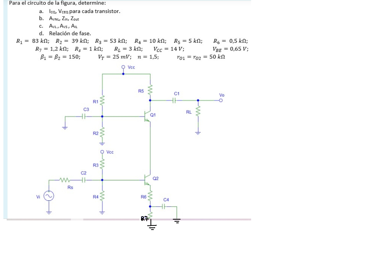 Solved For the circuit in the figure, determine: a. Icq, | Chegg.com