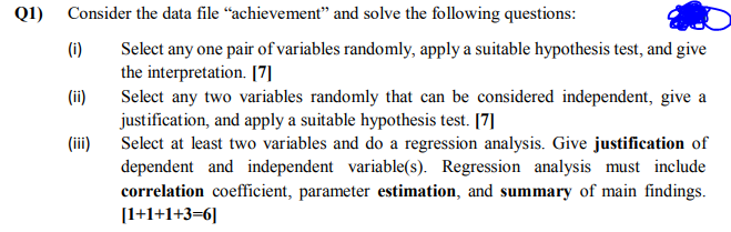 Q1) Consider the data file “achievement” and solve | Chegg.com