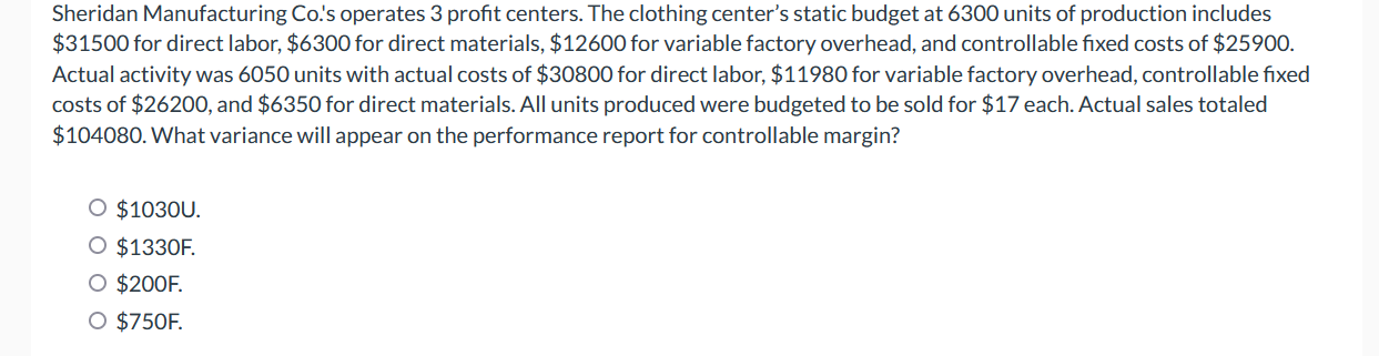 Solved Sheridan Manufacturing Co.'s operates 3 profit | Chegg.com