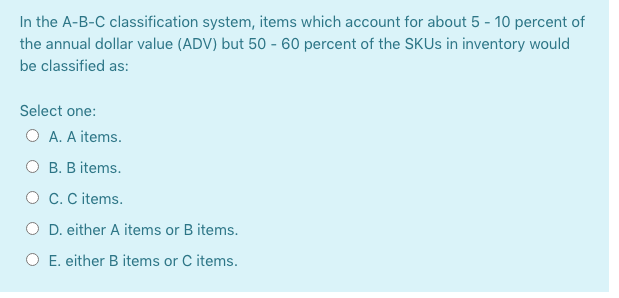 Solved In the A-B-C classification system, items which | Chegg.com