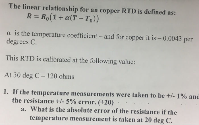 Solved The linear relationship for an copper RTD is defined | Chegg.com
