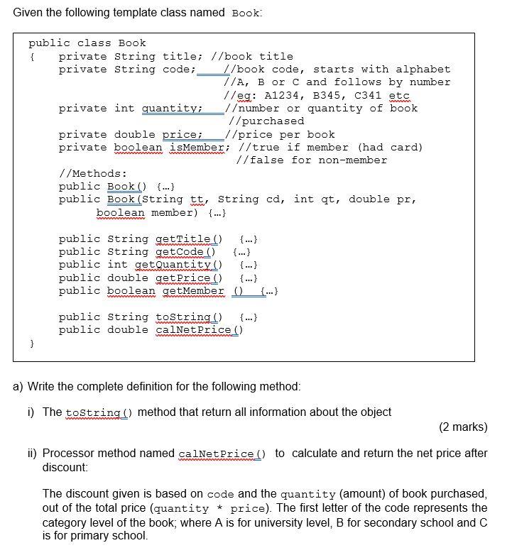 Solved Given the following template class named Book: public | Chegg.com