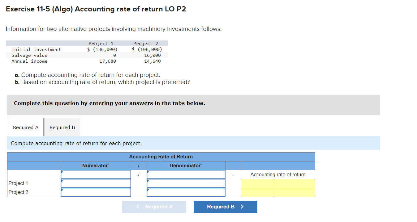 Solved Exercise 11-5 (Algo) Accounting rate of return LO P2 | Chegg.com Solved Exercise 11-5 (Algo) Accounting rate of return LO P2 | Chegg.com