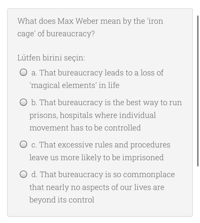 Solved What does Max Weber mean by the 'iron cage' of | Chegg.com