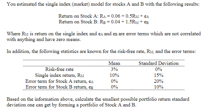 Solved Return on Stock A: RA=0.06+0.5RM+eA Return on Stock | Chegg.com
