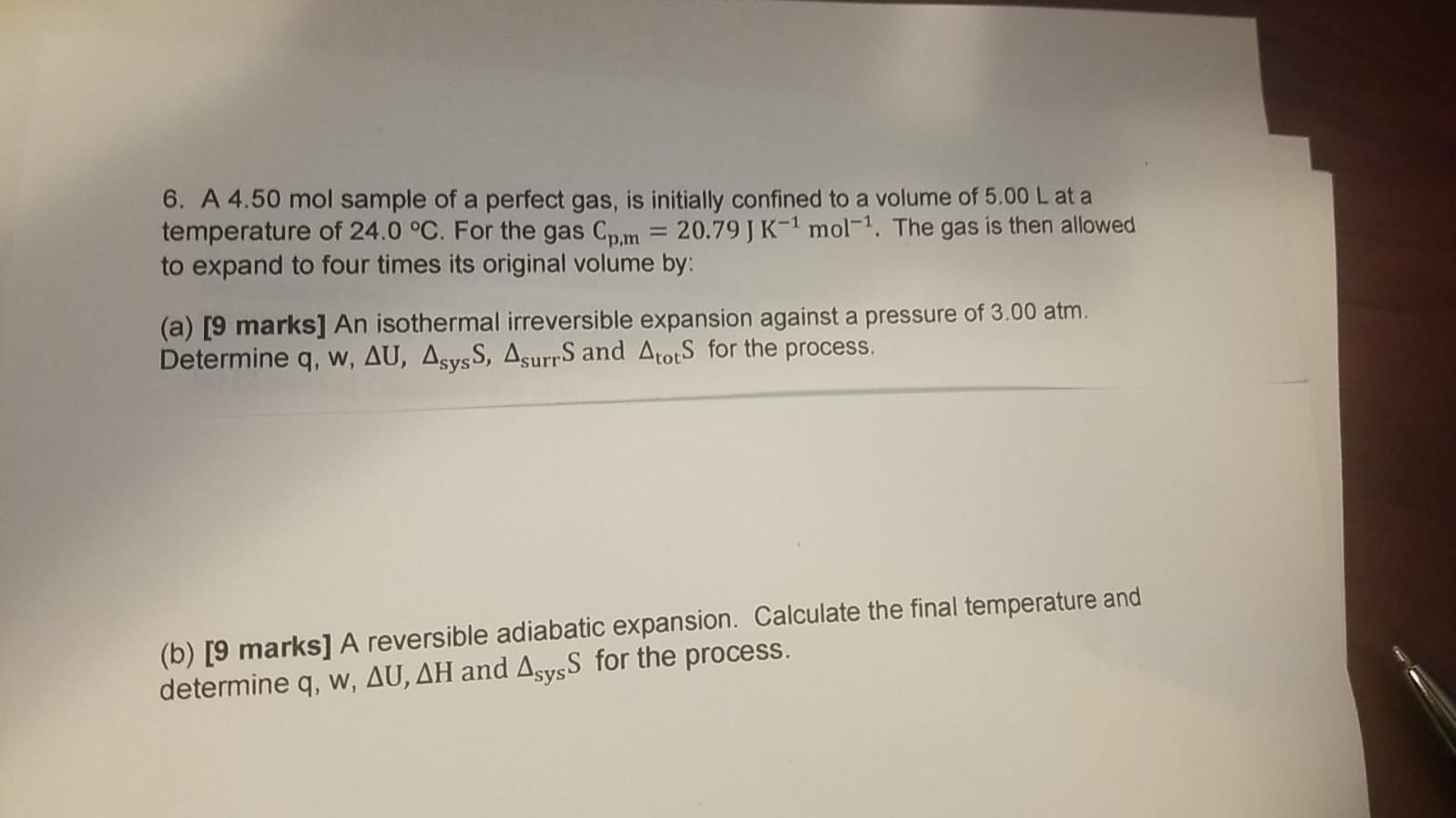 Solved 6. A 4.50 mol sample of a perfect gas, is initially | Chegg.com
