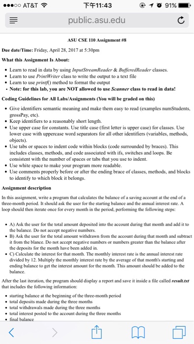 Solved 11:43 oo AT&T 91%, public asu.edu ASU CSE 110 | Chegg.com