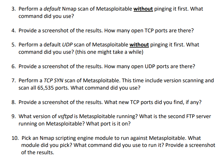 3. Perform a default Nmap scan of Metasploitable | Chegg.com