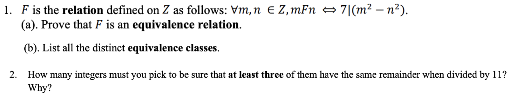 Solved 1. F is the relation defined on Z as follows: Vm, n e | Chegg.com