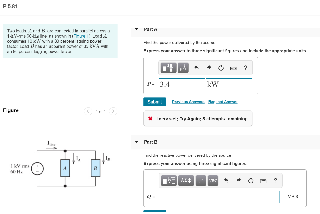 Solved P 5.81 Part A Two loads, A and B. are connected in | Chegg.com