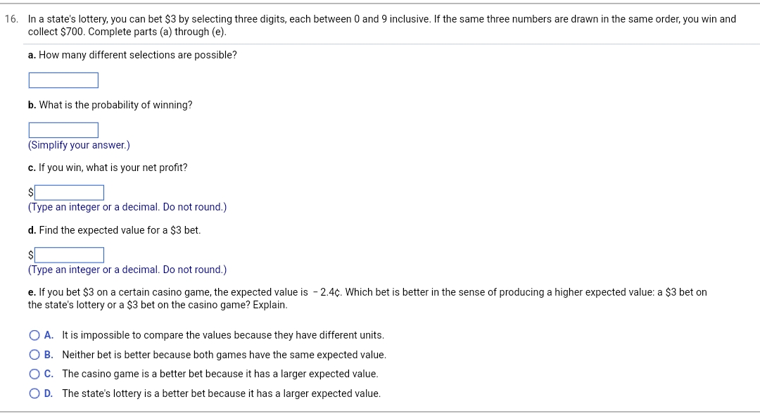 Solved 16. In a state's lottery, you can bet $3 by selecting | Chegg.com