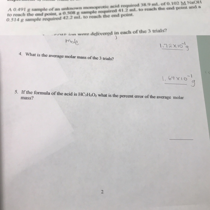 Solved 0.491 g sample of an unknown monoprotic acid required | Chegg.com
