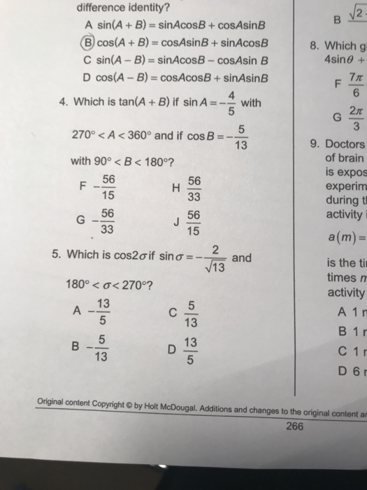 Solved difference identity? A sin(A + B) sinAcosB+COSAsinB | Chegg.com