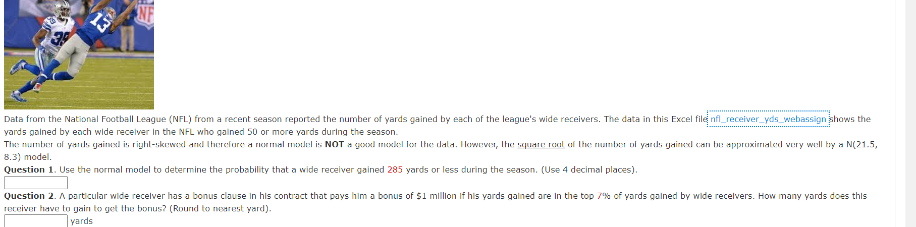 Solved Data from the National Football League (NFL) from a | Chegg.com