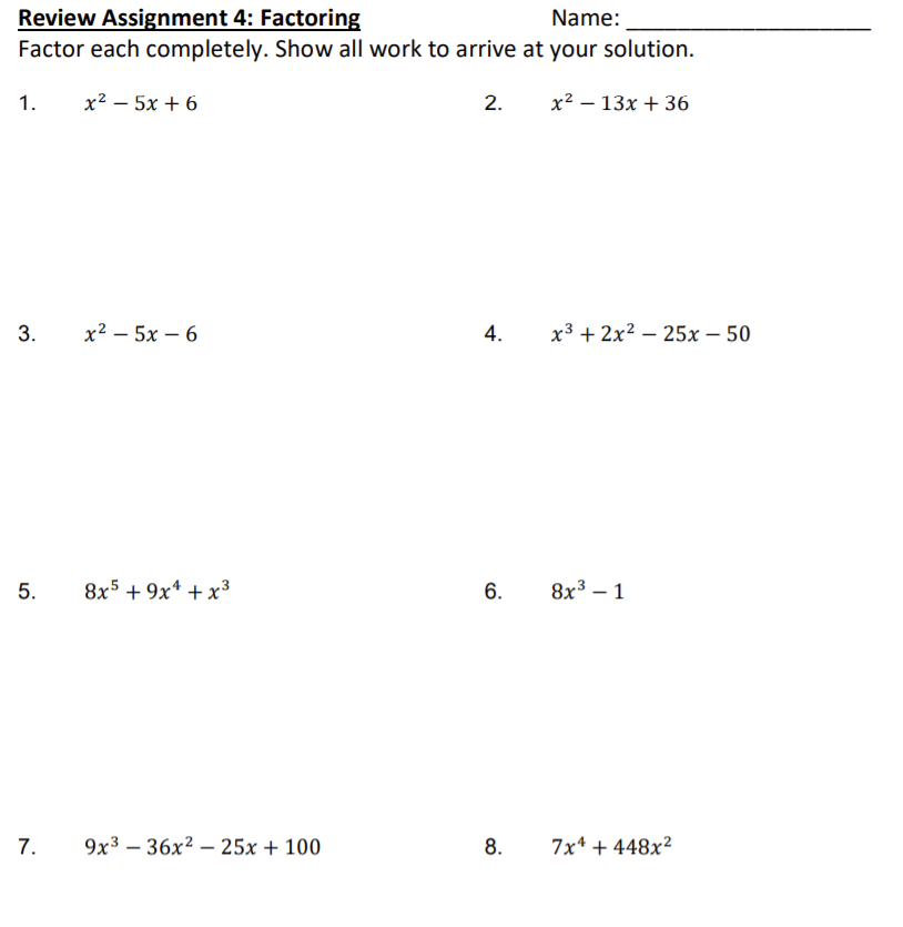 Solved Review Assignment 4: Factoring Name: Factor each | Chegg.com