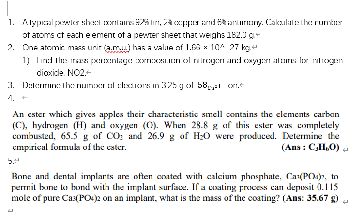 Solved ਦ 1. A typical pewter sheet contains 92% tin, 2% | Chegg.com