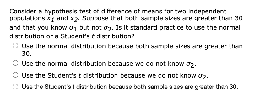 Solved Consider a hypothesis test of difference of means for | Chegg.com