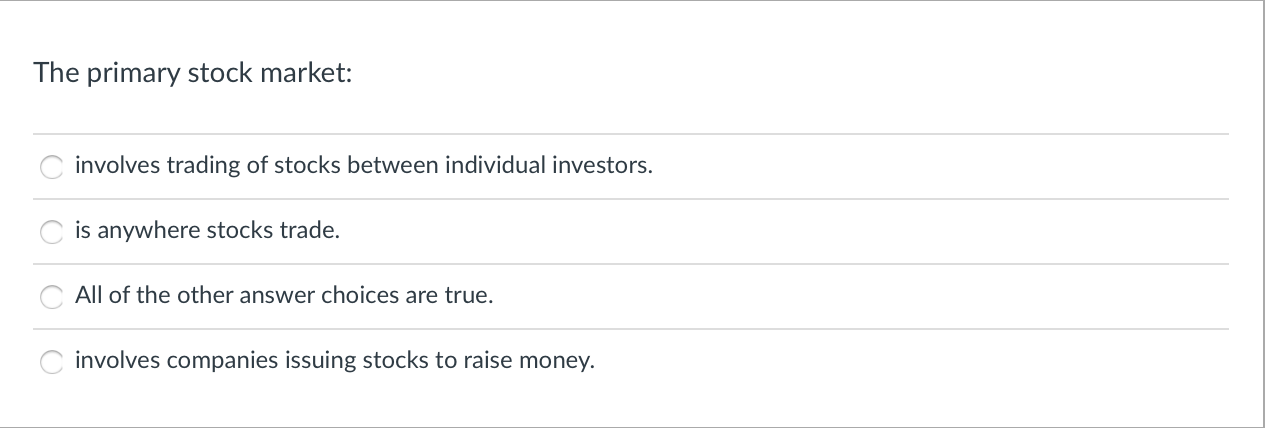 Solved The primary stock market: involves trading of stocks | Chegg.com