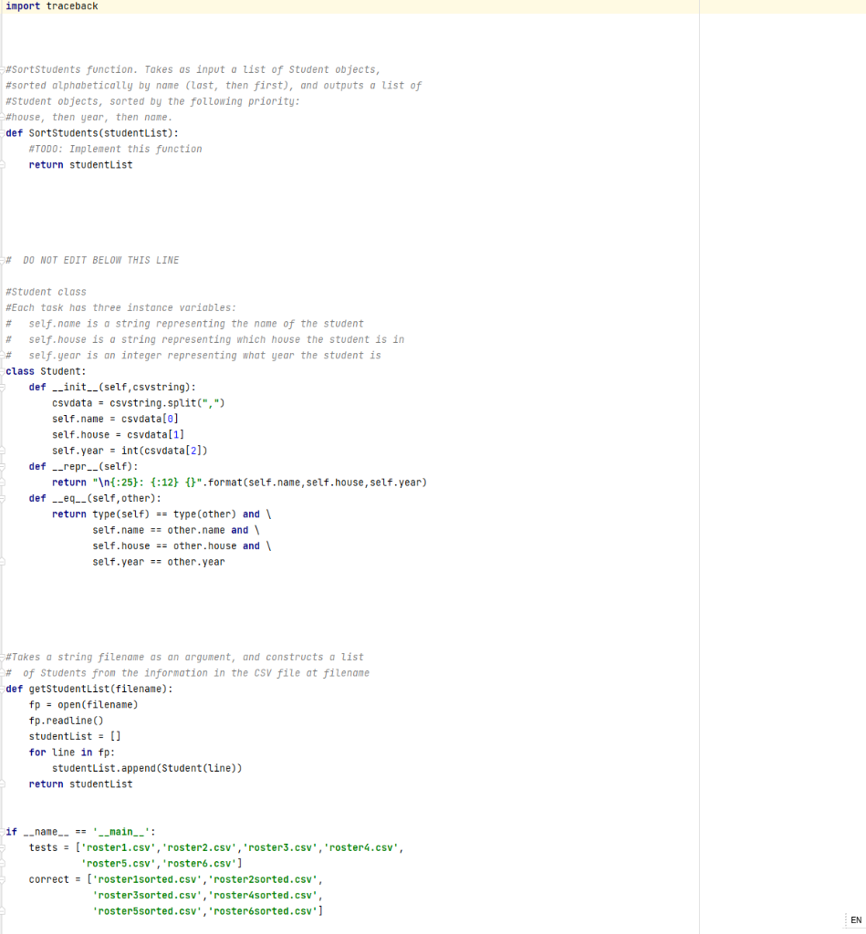 Solved import traceback \#Sortstudents function. Takes as | Chegg.com