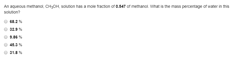 Solved An aqueous methanol, CH3OH, solution has a mole | Chegg.com