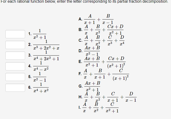 Solved -or each rational function below, enter the letter | Chegg.com