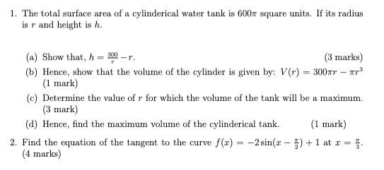 Solved 1. The total surface area of a cylinderical water | Chegg.com