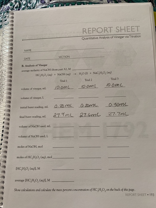 Solved REPORT SHEET Quantitative Analysis of Vinegar via | Chegg.com